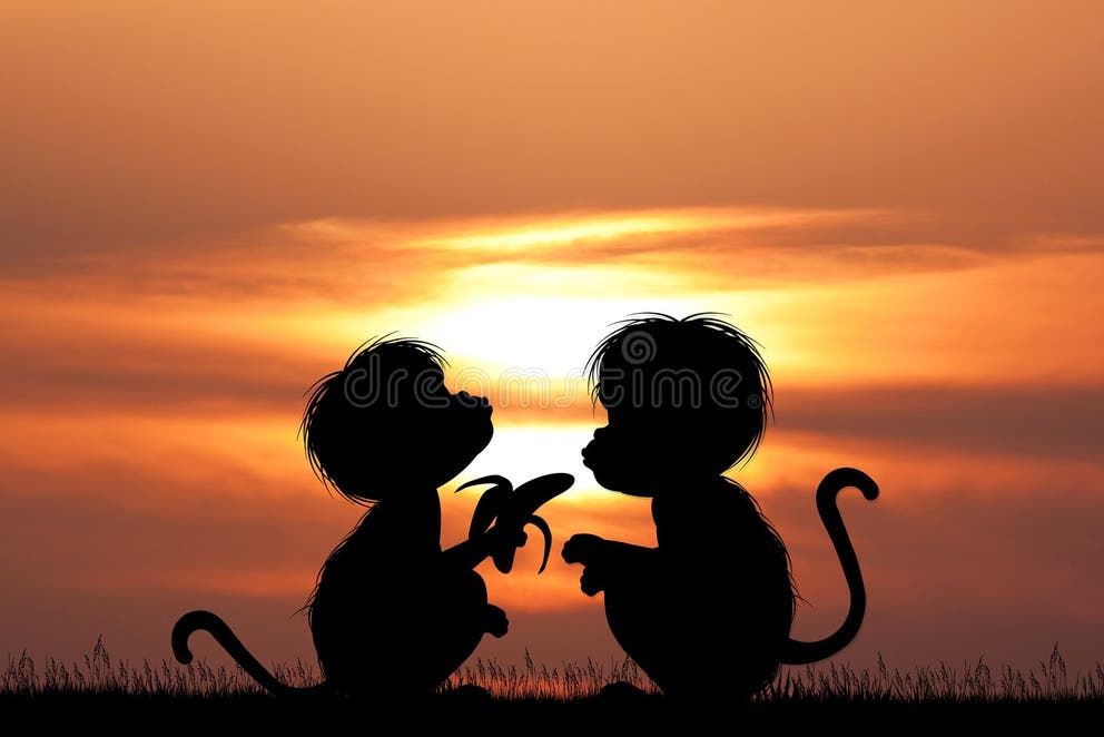 Two Monkeys with Bananas at Sunset Stock Illustration - Illustration of ...
