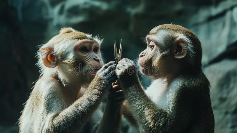 Two Monkeys are Closely Examining or Playing with a Pair of Scissors ...
