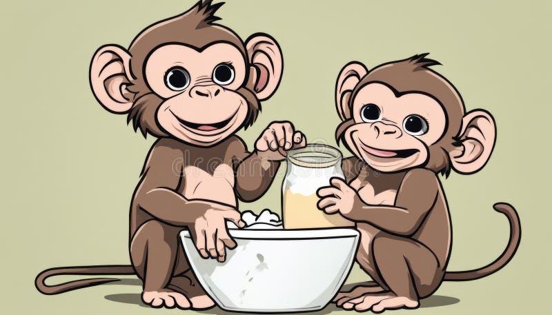Two Monkeys Eating Something from a Bowl Stock Illustration ...