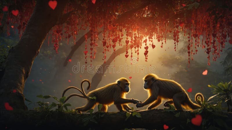 Romantic Monkeys Under Heart-Shaped Tree at Sunset Stock Illustration ...