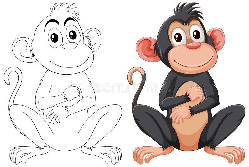 One Monkey Outline and One Monkey Color Stock Vector - Illustration of ...
