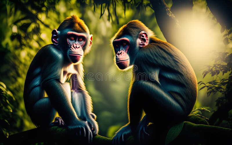 Two Monkeys in the Rainforest at Red Sunset. Generative Al Illustration ...
