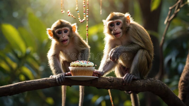Two Adorable Monkeys Sharing a Delicious Cupcake on a Branch Stock ...