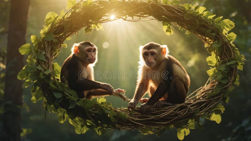 Two Adorable Monkeys Sharing a Vine Wreath in Golden Sunlight Stock ...