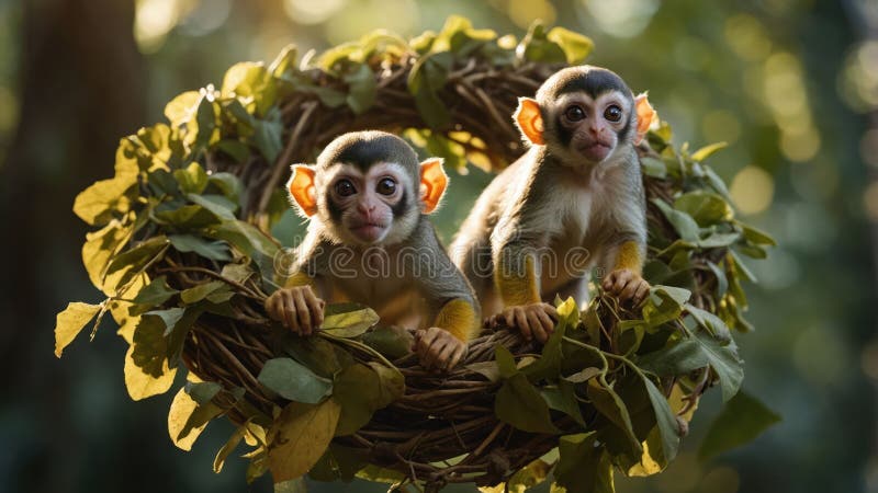 Adorable Baby Monkeys in a Nest of Green Leaves Stock Illustration ...
