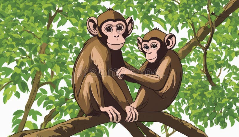 Two Monkeys Sitting on a Tree Branch Stock Illustration - Illustration ...