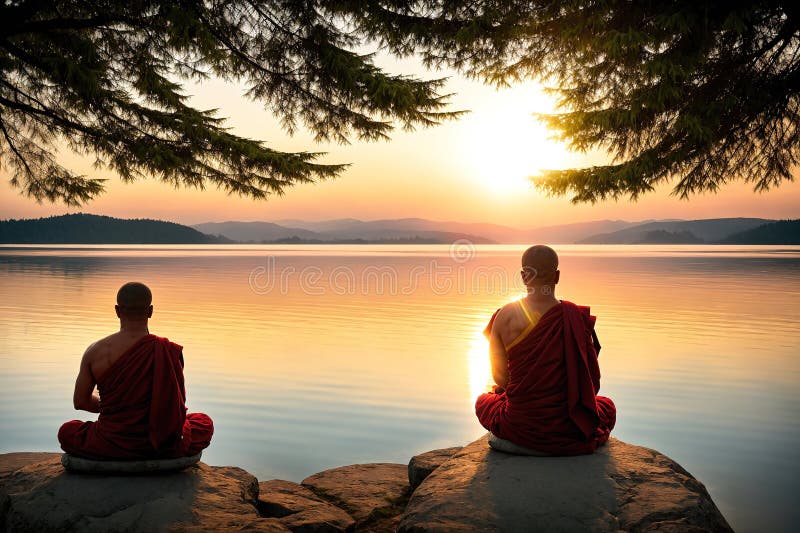 Two Monks Sitting on Rocks by a Lake at Sunset. Stock Photo - Image of ...