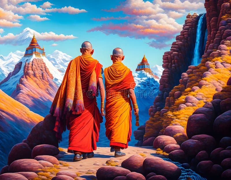 Two Monks Talking in the Mountain - Generative AI Stock Illustration ...