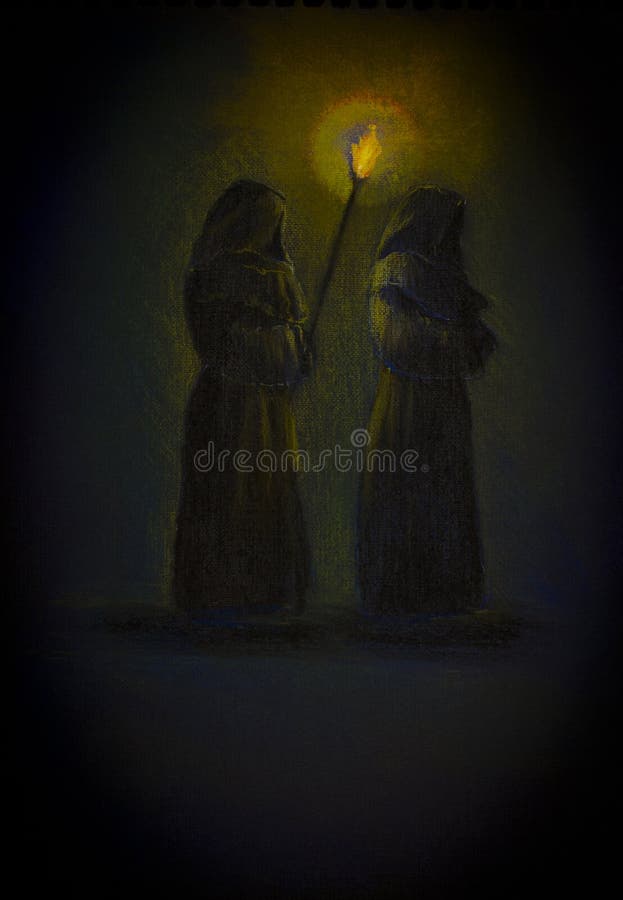 Two monks with a torch stock illustration. Illustration of christianity ...