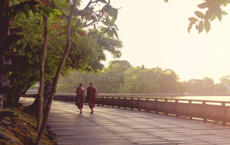 Two monks in Yangon editorial stock image. Image of lake - 53005589