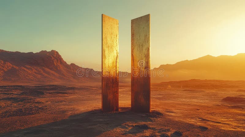 Two Monoliths Stand Majestically in Desert Landscape at Sunset Stock ...
