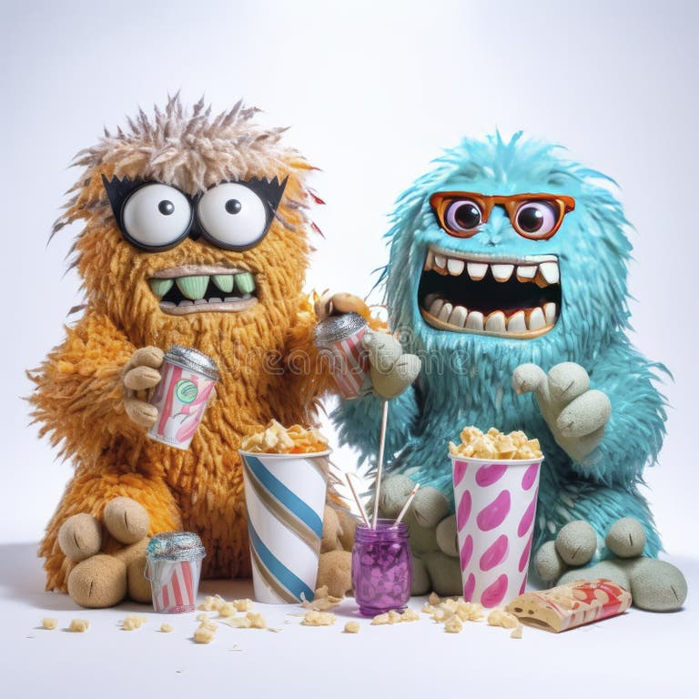 Two Monsters Eating Popcorn Stock Photo - Illustration of cream ...