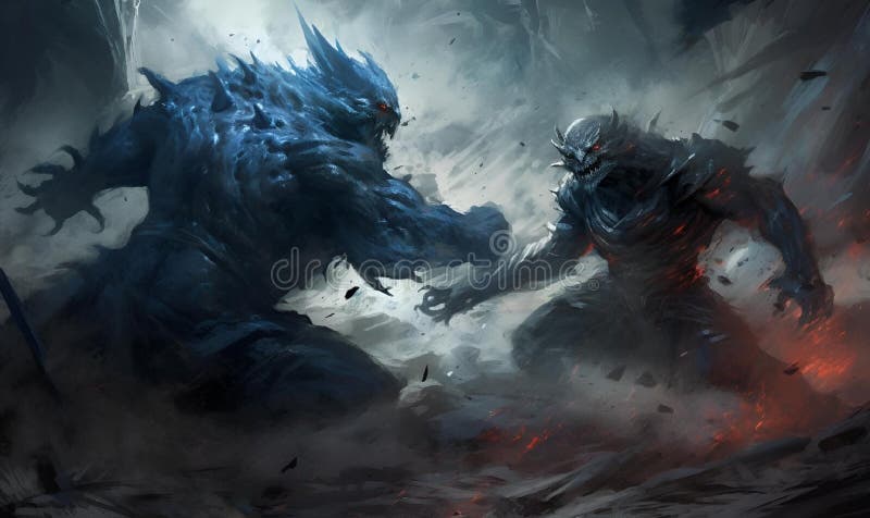 Two Monsters Fighting in the Dark, One with an Ice Face Stock ...