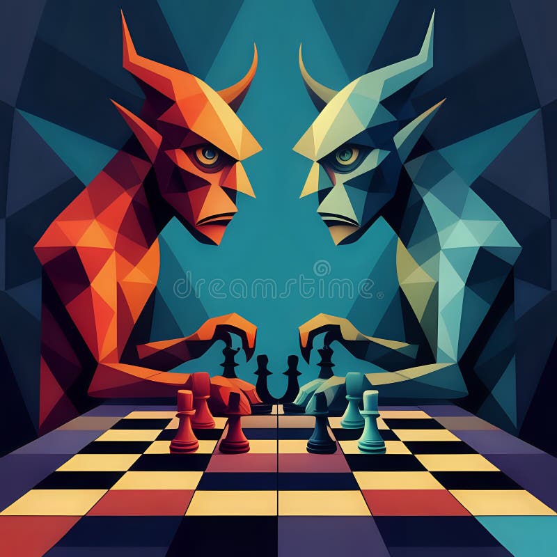 Two Monsters Playing Chess in the Style of Cubism with Bright Colors ...