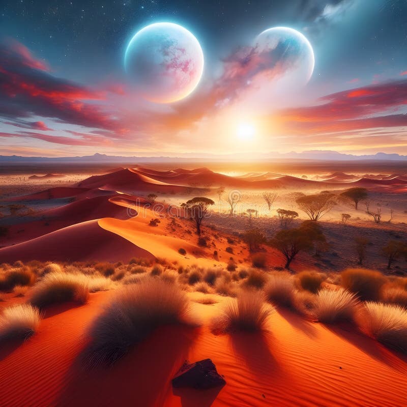 Two moons and a sunset stock illustration. Illustration of evening ...