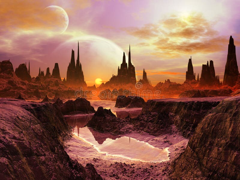 Two Moons at Twilight on Distant Planet Stock Illustration ...