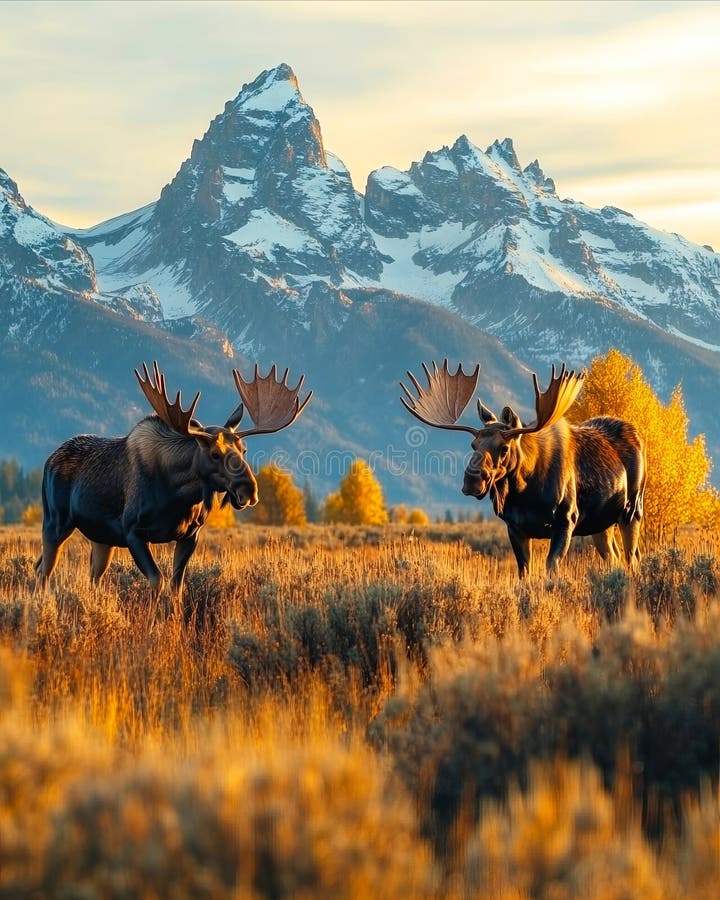 Two Moose Standing in a Field with Mountains in the Background Stock ...