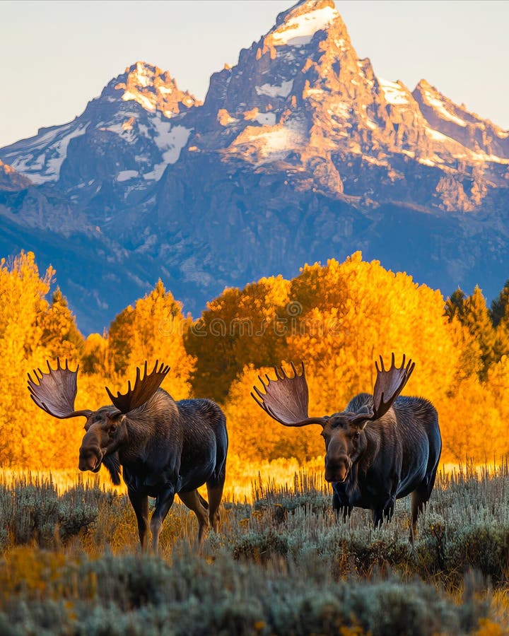 Two Moose Standing in a Field with Mountains in the Background Stock ...