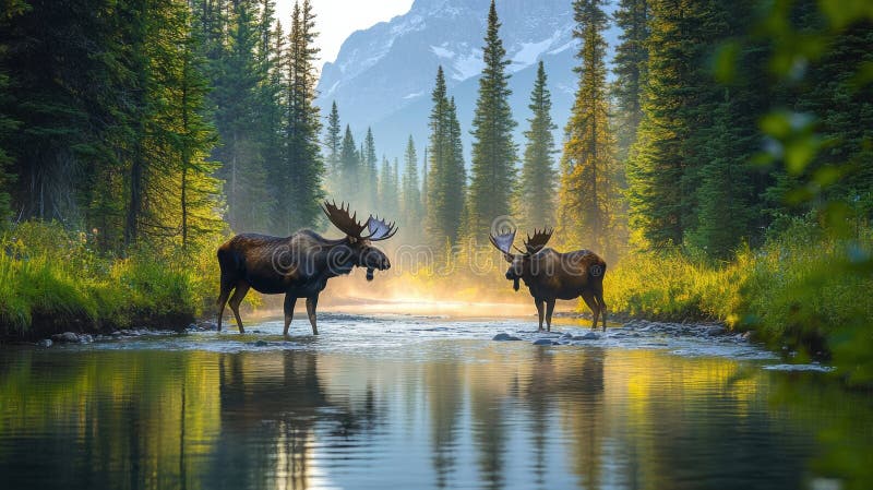 Two Moose Standing in a River with Trees Behind Them, AI Stock Photo ...