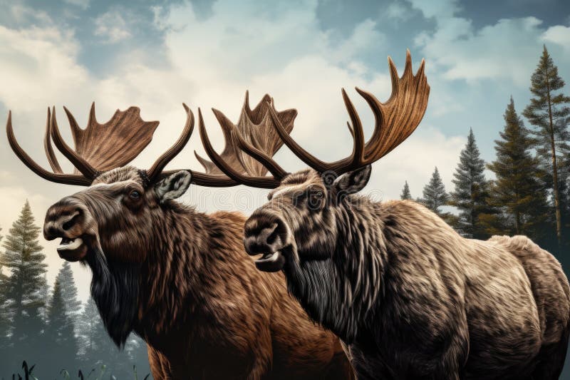 Two Moose Standing Together in a Serene Forest Setting. Ideal for ...