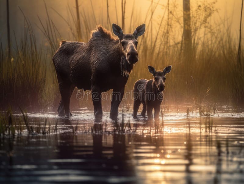 Two Moose Standing in the Water at Sunrise Stock Illustration ...