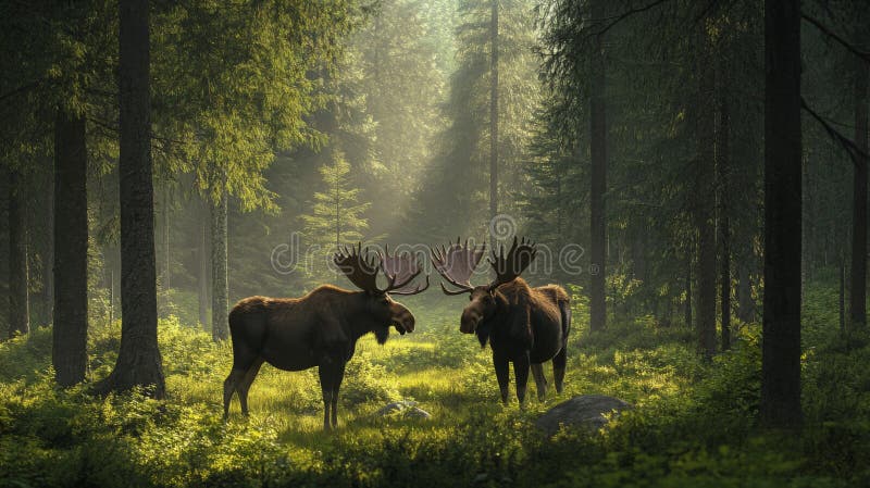 Two Moose in a Sunlit Forest Clearing Stock Illustration - Illustration ...