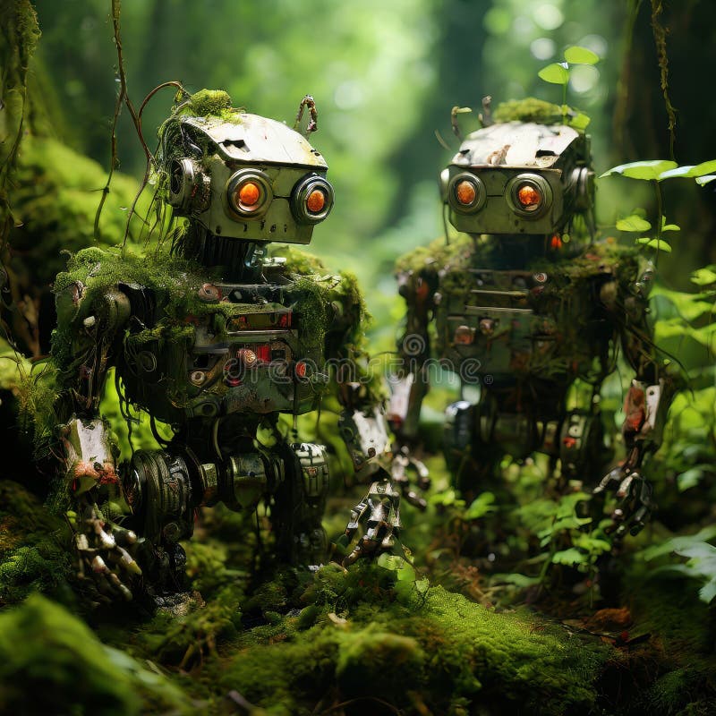 Futuristic Robots Overgrown Moss Lush Forest Stock Photos - Free ...