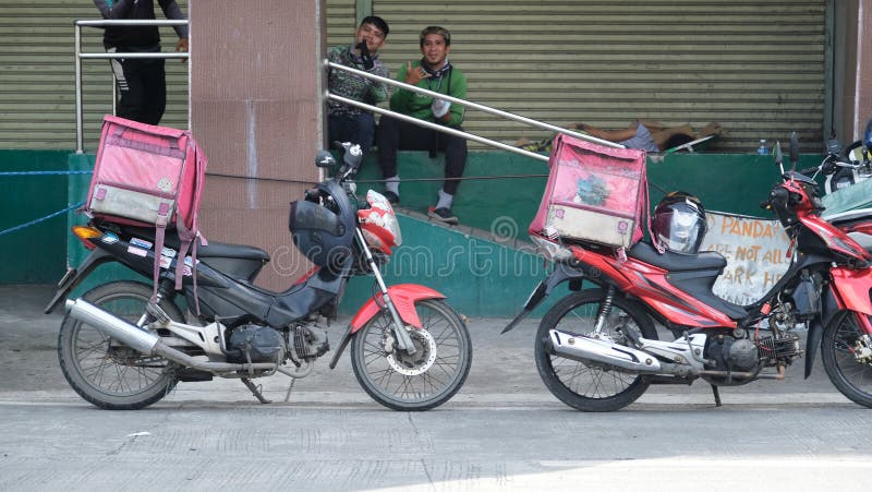 Two Grab Driver with Food Panda Boxes and Motorcycles in Front of Them ...