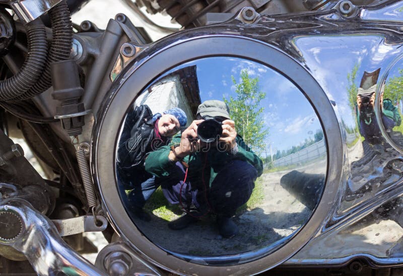 Two Motorcyclists are Reflected in Brilliant Motor Stock Photo - Image ...