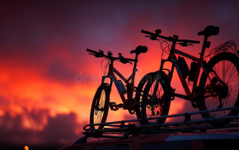 Two Mountain Bikes on Car Roof at Sunset Stock Illustration ...