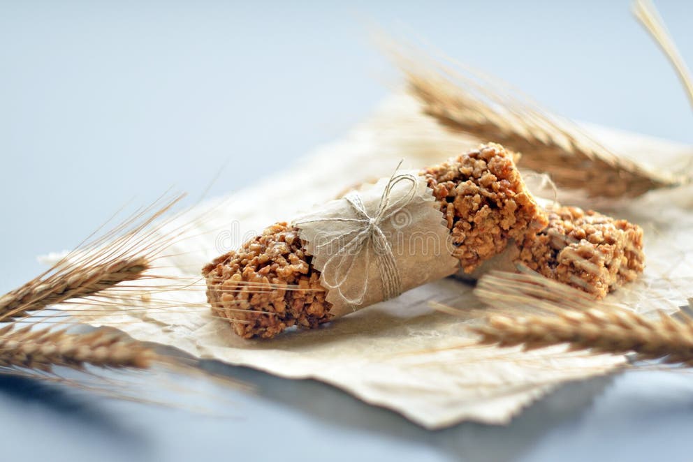 Muesli bars with wheat ear stock photo. Image of grain - 100842316