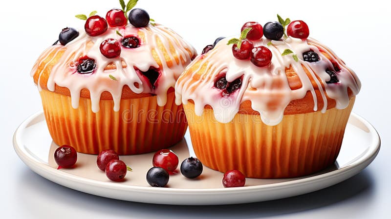 Two Muffins with Icing and Berries on a Plate Stock Illustration ...