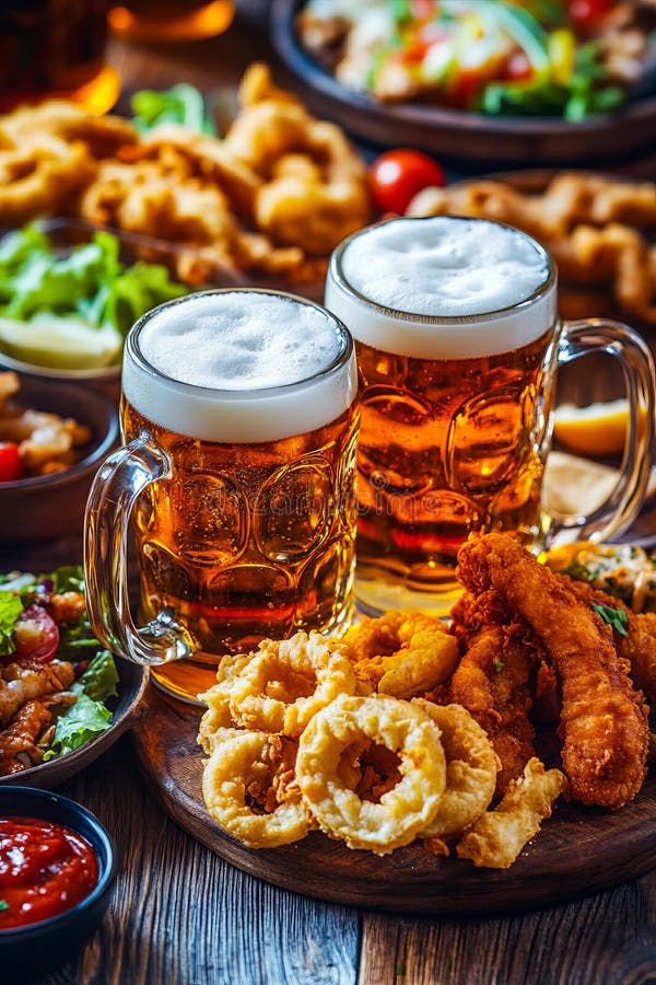 Two Mugs of Beer and a Plate of Fried Calamari on a Wooden Table Stock ...