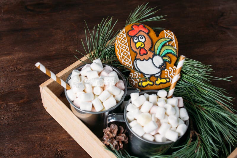 Two Mugs with Cocoa and Marshmallows on a Brown Background Stock Photo ...