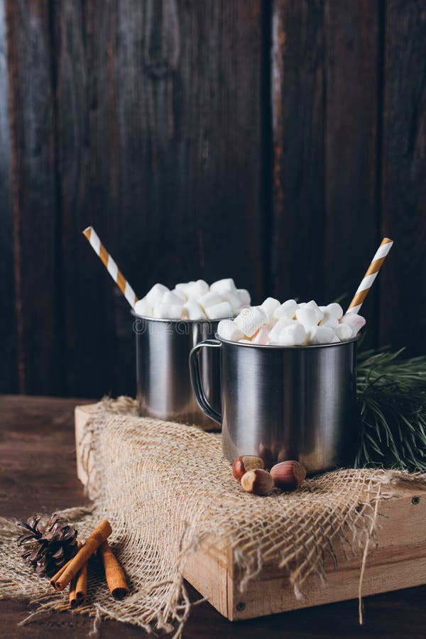 Two Mugs with Cocoa and Marshmallows on a Brown Background Stock Image ...