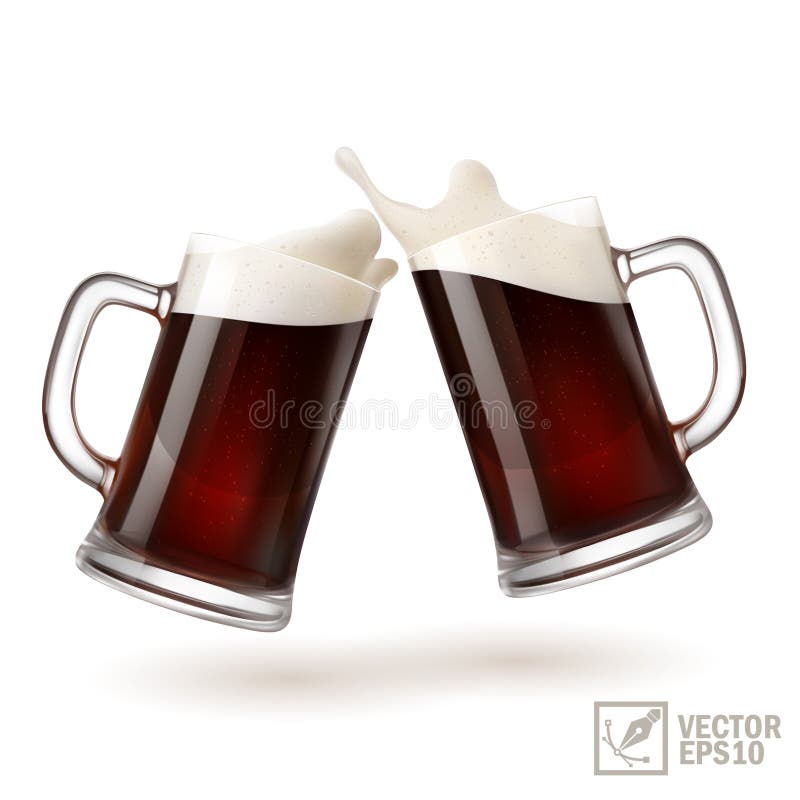 Two Mugs of Dark Beer Toasting Creating Splash, 3D Realistic Glasses ...