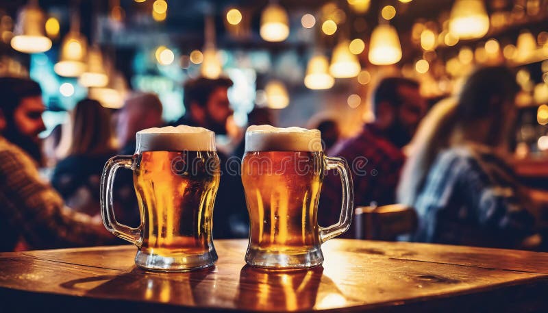 Two Mugs Full of Fresh Beer on Bar Table in Dark Interior, Generative ...