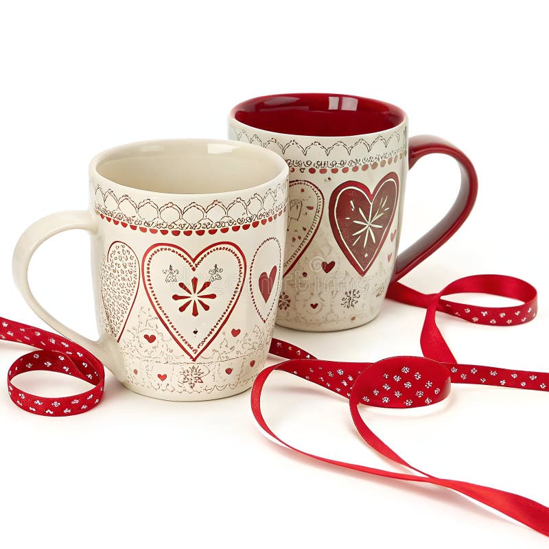 Two Mugs with Hearts and Red Ribbon Isolated on White Background Stock ...