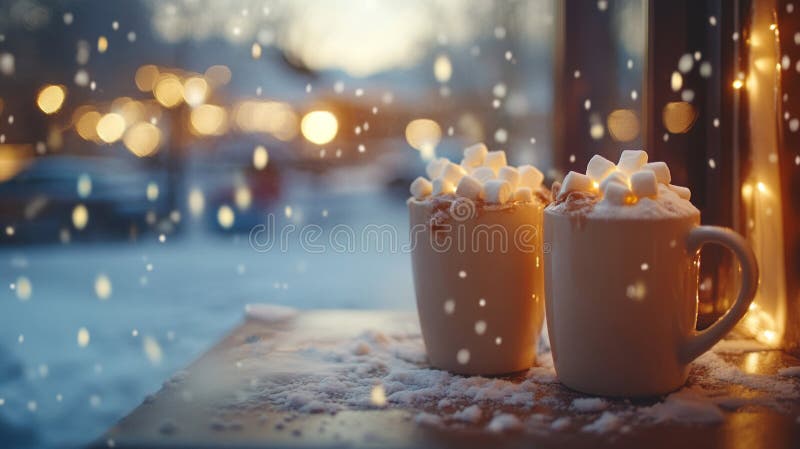 Two Mugs of Hot Chocolate with Marshmallows in Winter Snow Stock ...