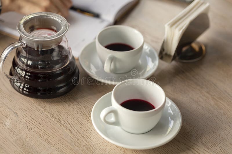 Two Mugs and a Teapot on the Table in a Cafe Stock Image - Image of ...