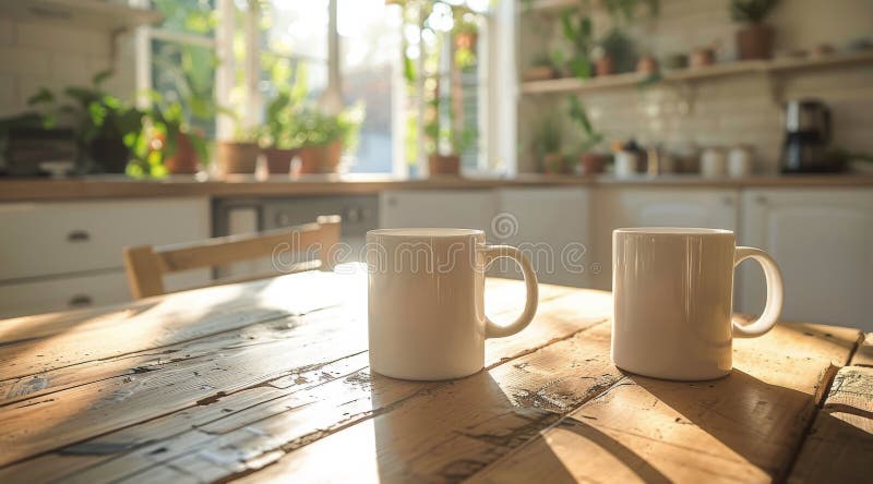 Two Mugs on a Wooden Table in a Kitchen Stock Photo - Image of ...