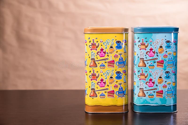 Two Multi-colored Metal Cans for Bulk Products Stock Image - Image of ...