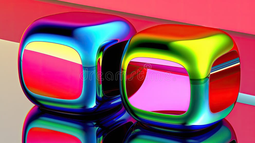 Two Multi-colored Neon Cubes. Platonic Solid. Metal Object Stock ...