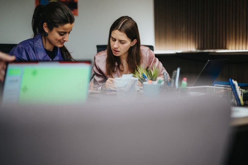 Two Multicultural Female Employees Collaborating in a Modern Office ...