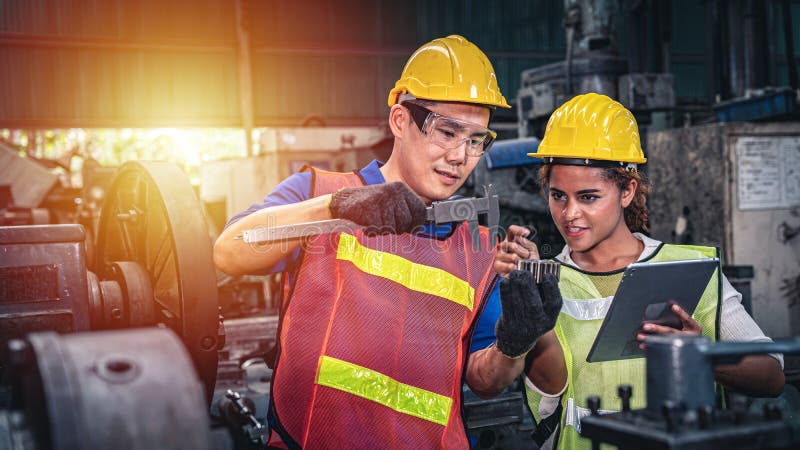 Two Multiethnic Industrial Workers Discussing Work in the Factory ...