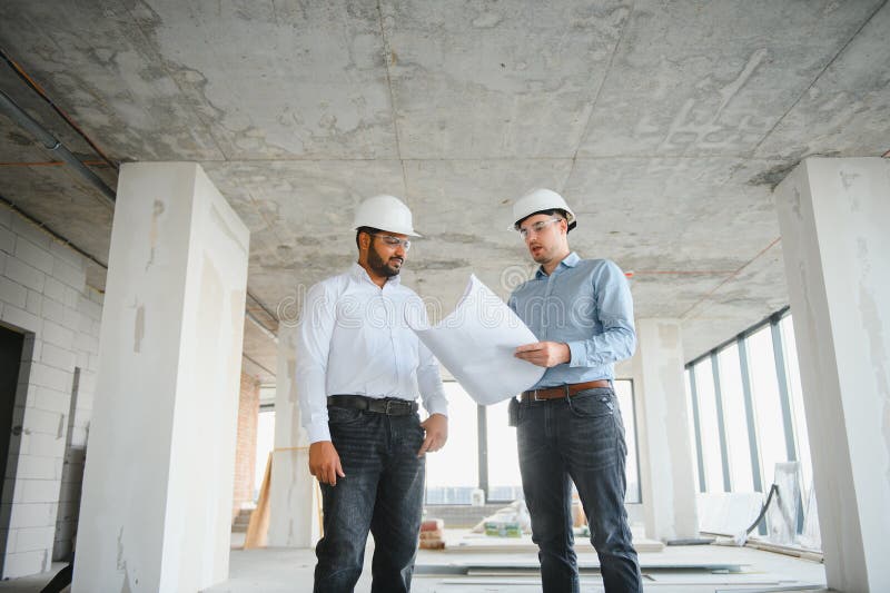 Two Multiracial Engineer Working at Site of a Large Building Project ...