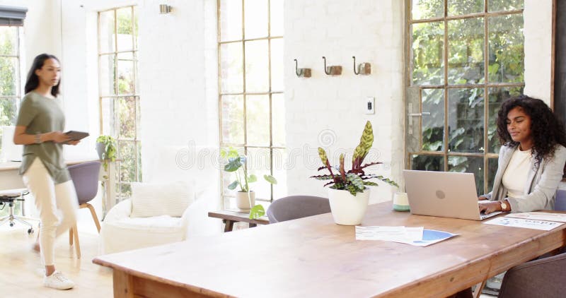 Two Multiracial Female Colleagues Collaborating at Home Office, Using ...