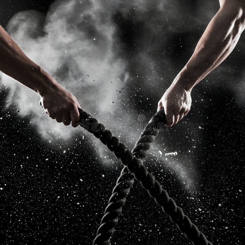Two Muscular Arms Working Out with Battle Ropes with Exploding Chalk ...