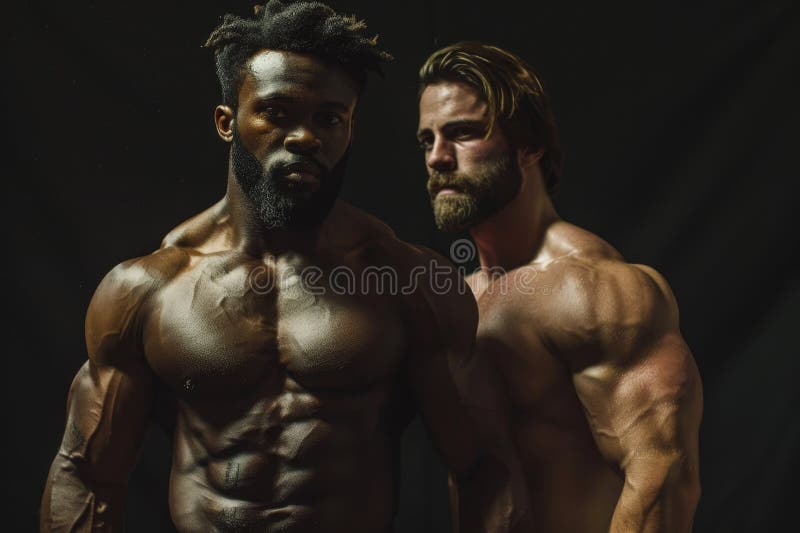 Two Muscular Men with Defined Physiques Pose Against a Black Background ...