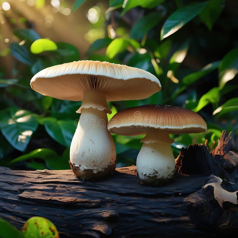 Two Mushrooms on a Log with a Green Background Stock Illustration ...